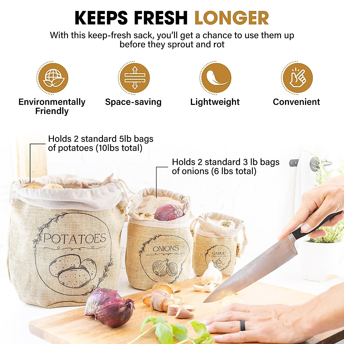 Potato Storage Bag | Natural Jute Potato Onion Garlic Storage Set for Pantry | Breathable & Fresh Onion Potato Storage | Easy to Clean Potato and Onion Storage Bag | Air Flow, Light Blocking