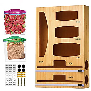 Bag Organizer Compatible with Ziplock, Jeethemy Foil and Plastic Wrap Organizer, 6 in 1 Bamboo Dispenser with Cutter for Kitchen Drawer and Wall Mounted, Storage for Gallon,Quart,Sandwich,Snack