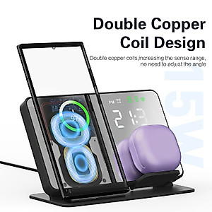 MOSHOU Wireless Charging Station for Samsung Devices, Mirror Alarm Clock Charging Dock for Galaxy S23 S22 S21 S20 S10/Note 20 10 9/ Z Flip Fold 4, Galaxy Watch 5 Pro/5/4/3, Galaxy Buds(with Adapter)