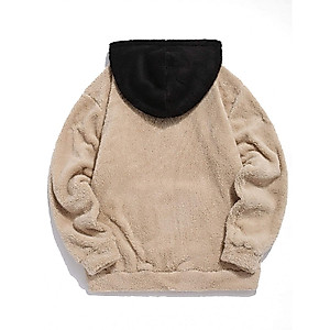 ZAFUL Men's Fashion Hooded Sweatshirts Unisex Colorblock Splicing Drawstring Fluffy Faux Fur Hoodies Pullover(Black Khaki,S)