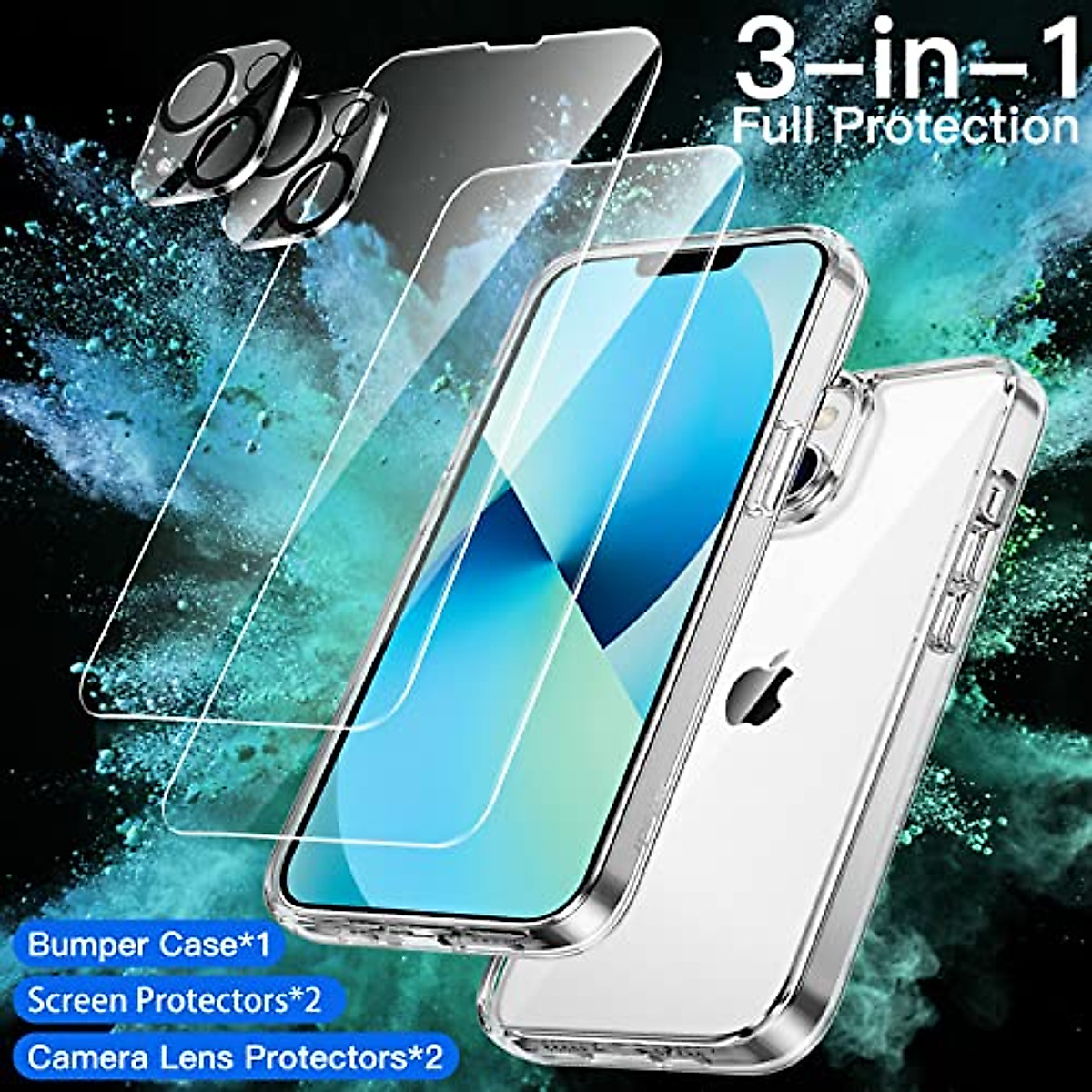 JETech 3 in 1 Case for iPhone 13 6.1-Inch, with 2-Pack Screen Protector and Camera Lens Protector, Non-Yellowing Shockproof Bumper Phone Cover, Full Coverage Tempered Glass Film (Clear)