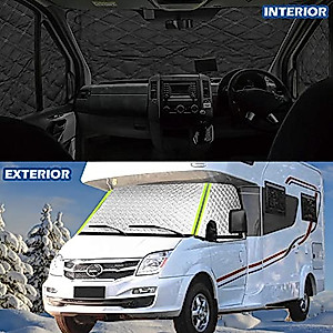 Big Hippo Windshield Cover RV Window Sunshade Cover for Class C Ford E450 1997-2022 Motorhome, UV Block Offer Complete Privacy with Reflective Strips RV Accessories 4 Layers with Mirror Cutouts Silver