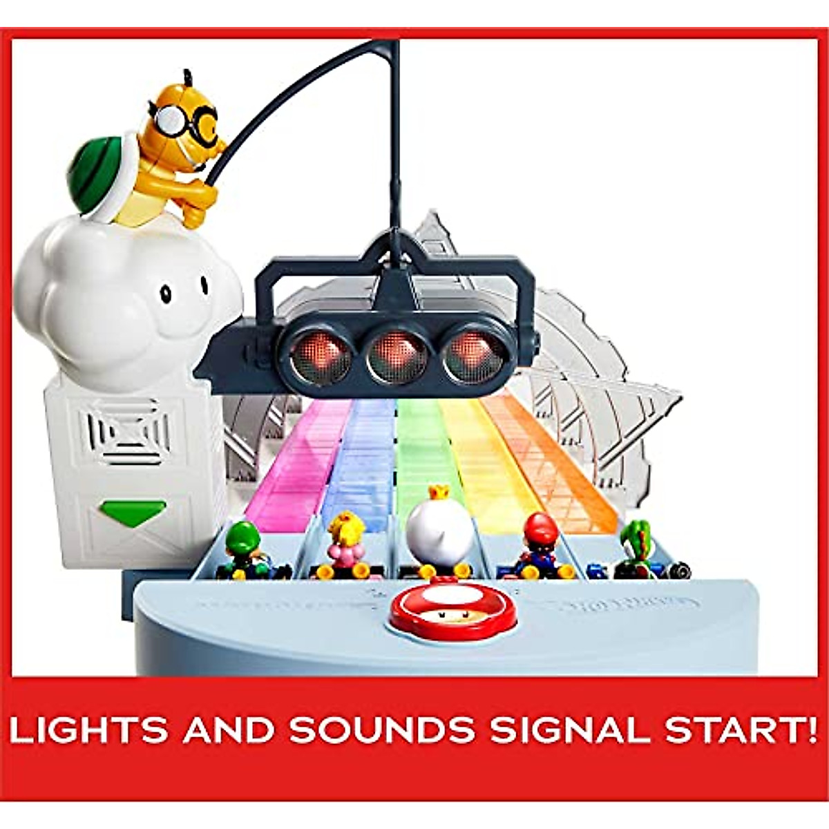 Hot Wheels Mario Kart Rainbow Road Raceway 8-Foot Track Set with Lights & Sounds & 2 1:64 Scale Vehicles, Race with 5-Track Colorful Course with 2 Configurations, Toy Gift for Kids