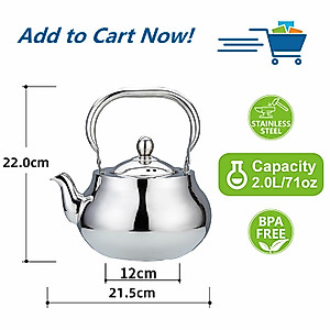 SANQIAHOME Stainless Steel Teapot With Removeable Infuser 71 oz (2000ml) Thickened Mirror Polished Stovetop Tea Maker for Herbal and Infusion