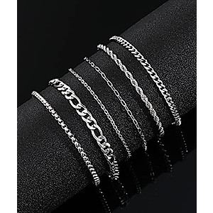 Honsny 6PCS Stainless Steel Bracelets for Women Men,14K Gold Plated Cuban Link Paperclip Chain Bracelet Dainty 6.3/7/7.8/9.5 Inch Stainless Steel Bracelet Set Fashion Jewelry