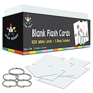 Blank Flash Cards for Studying - 2" x 3" Blank Index Notecards - 1000 Pre Hole Punched White Index Cards with Metal Binder Rings - Blank Flashcards for GMT Prep, Math, and Language