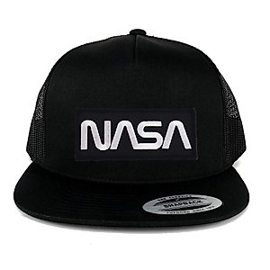 Armycrew NASA Black White Worm Patch 5 Panel Flat Bill Trucker Mesh Cap - Black - Regular