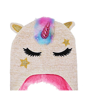 Kids Girls Cute Glitter Unicorn Beanie Winter Hat and Glove Set Knitted Earflap Cap Flip Top Mitten Set Beige