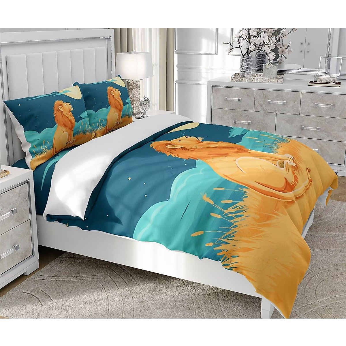 Moinlizy 3D Lonly Lion and Moon Printed Duvet Cover Set Bedding Sets Twin Size with 1 Piece Duvet Cover 2 Pieces Pillow Cases Ultra Durable Microfiber No Comforter