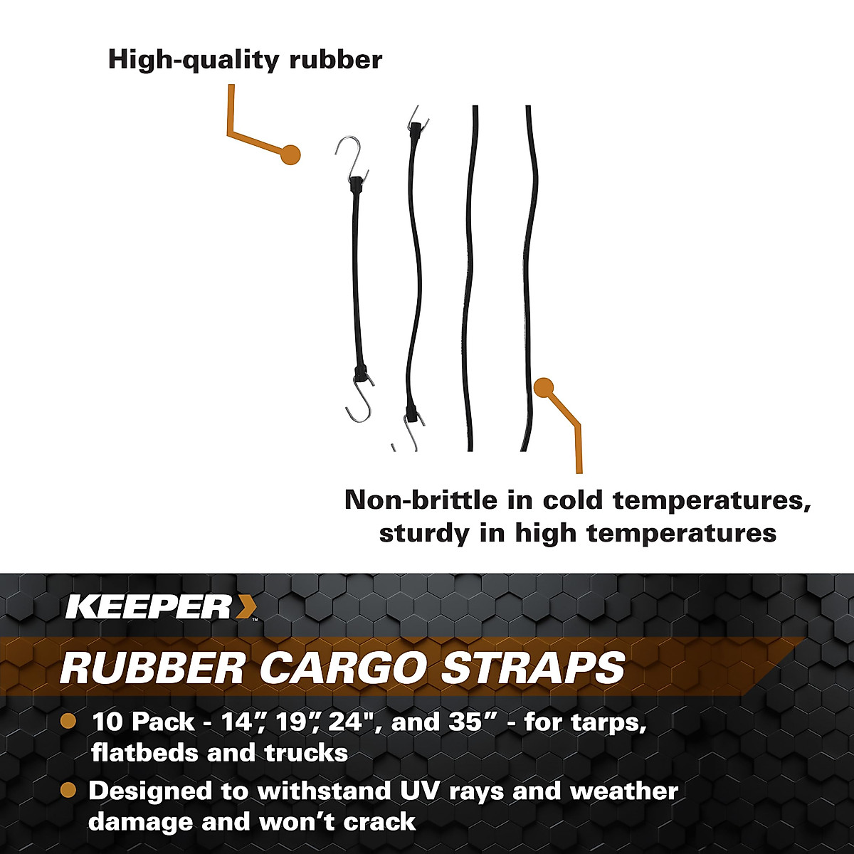 HAMPTON PROD Keeper - Assorted EPDM Rubber Cargo Straps, 10 Pack - 14”, 19”, 24", and 35” - for Tarps, Flatbeds and Trucks