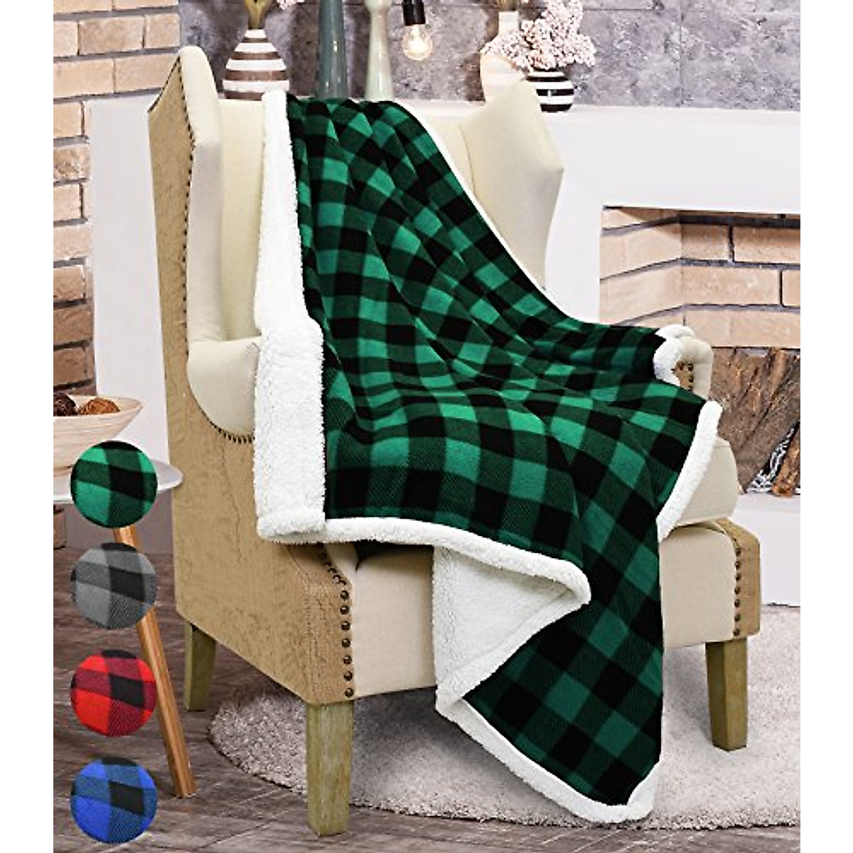 Catalonia Buffalo Plaid Green Sherpa Throw Blanket, Reversible Soft Fuzzy Comfy Snuggly Throws for Couch, 50x60 inches, St. Patrick Gift