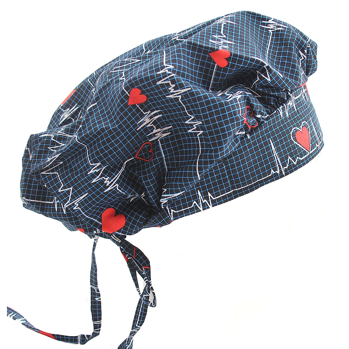 Bouffant Navy Blue Heart Beat EKG Scrub Cap with Adjustable tie