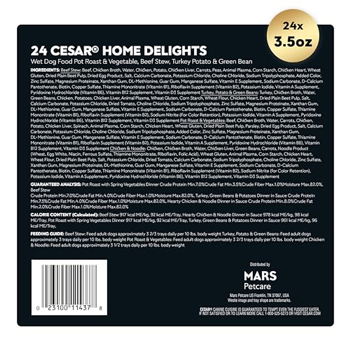 CESAR HOME DELIGHTS Adult Wet Dog Food Pot Roast & Vegetable, Beef Stew, Turkey Potato & Green Bean, and Hearth Chicken & Noodle Variety Pack, 3.5 oz. Easy Peel Trays, Pack of 24