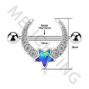 Melighting 14G Nipple Piercing Jewelry, 316L Surgical Steel Barbell with Clear CZ Moon Blue Star, Unisex Piercing Jewelry for Women and Men