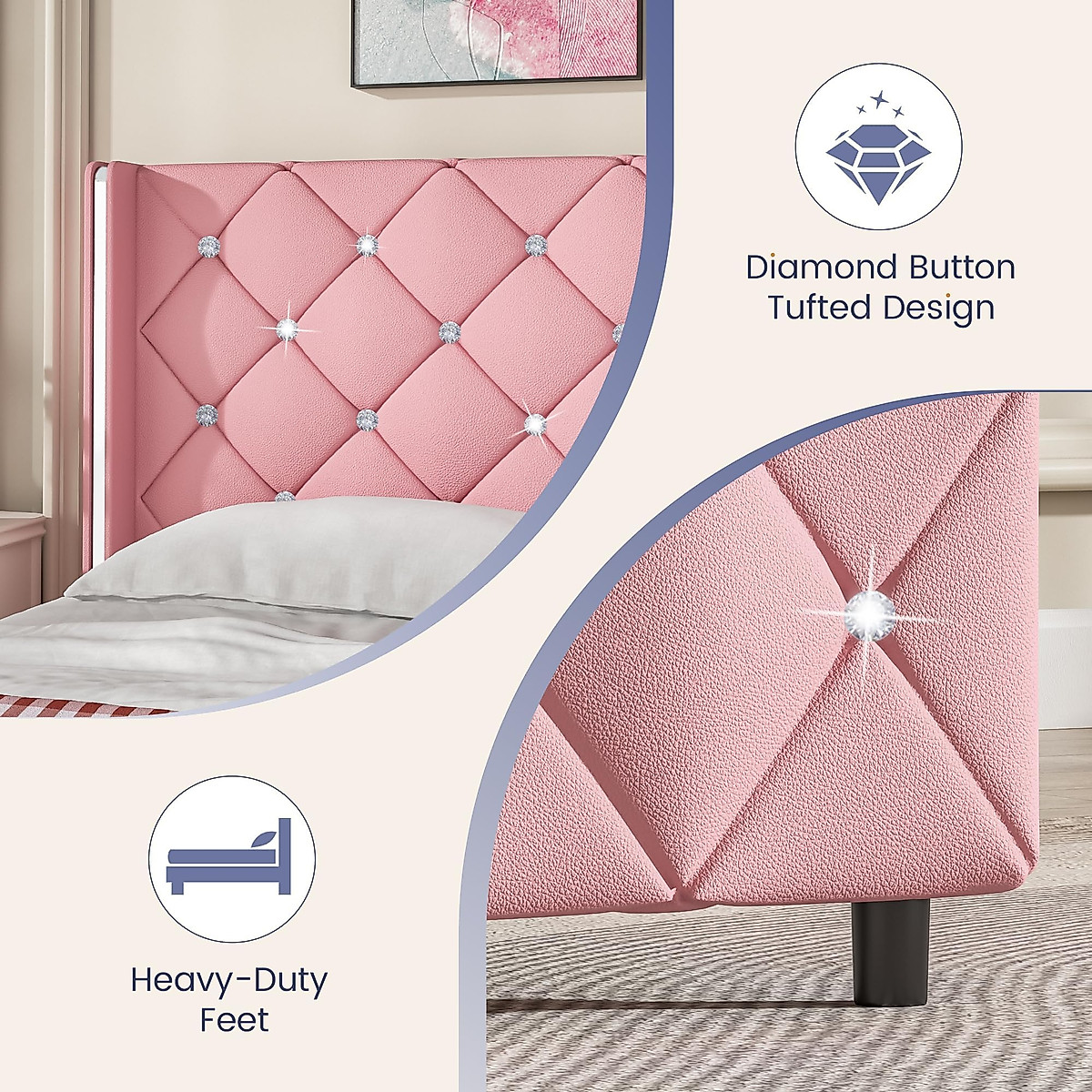HOMBCK Twin Bed Frame, Upholstered Bed Frame with Diamond Tufted Headboard, Twin Bed Frames for Girls, Cute Princess Bed, Faux Leather, Wooden Slats Support, No Box Spring Needed, Pink