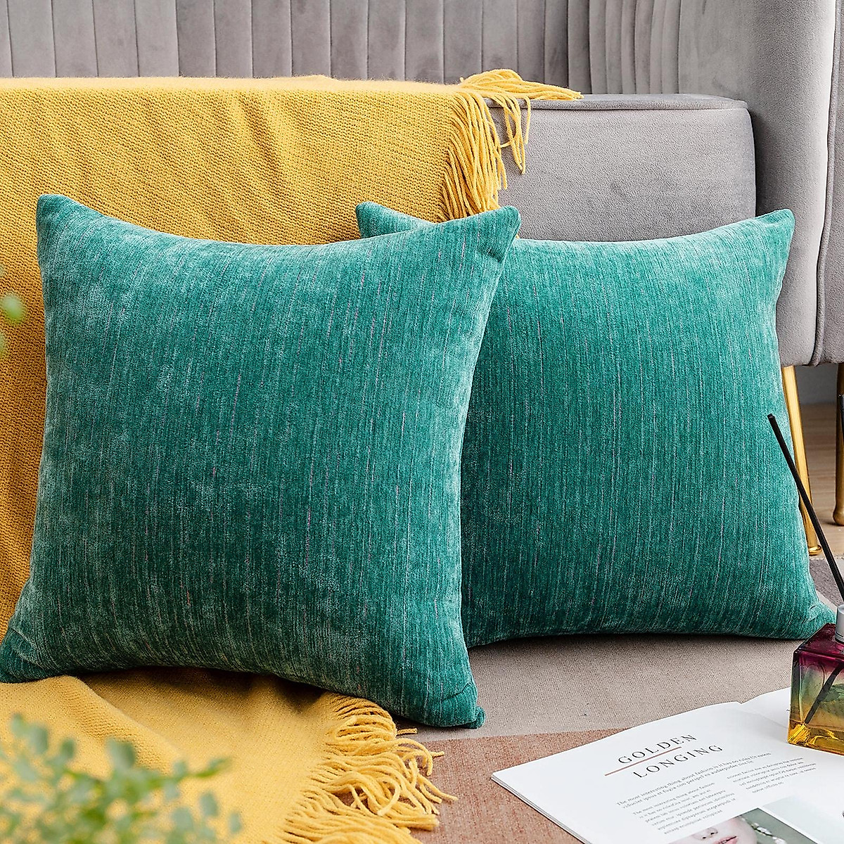 Lipo Thick Chenille Pillow Covers 18x18- Set of 2 Decorative Euro Throw Pillows Cover, Soft Cushion Case, Home Decor Rustic Farmhouse for Couch, Bed, Sofa, Bedroom, Car (Turquoise, 18X18 Inch)