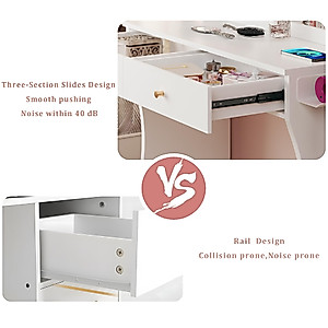 ALEXNUTRE Makeup Vanity Desk with Mirror and Lights, Vanity with Power Outlet, 3 Lighting Color Adjustable for Bedroom, Large Drawers and Storage Shelves, White