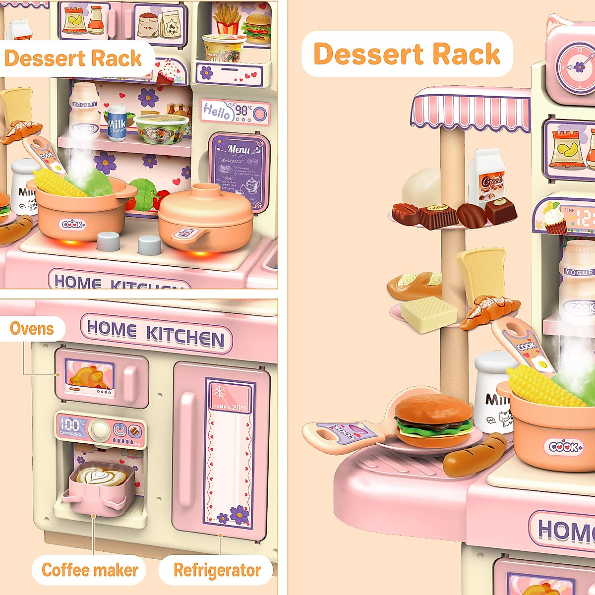 deAO Mini Kitchen Playset Toy,33 PCS Play Kitchen with Realistic Steam and Lights, Role Playing Game Pretend Food and Cooking Playset, Mini Kitchen Accessories Set for 3 4 Girls Boys