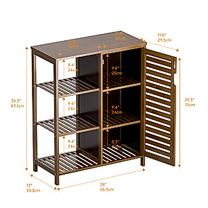 HITNET Bathroom Storage Cabinet Bamboo, Free Standing Floor Cabinet, Kitchen Cupboard Side Storage Organizer with Shutter Door and 3 Side Shelves, Walnut