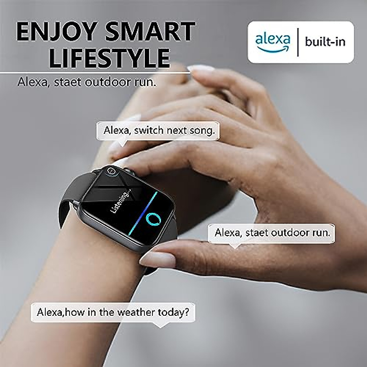 Hoowel Smart Watch for Men and Women - Alexa Built-in Smartwatch with Heart Rate, Sleep and Blood Oxygen Monitor,24/7 Heart Rate Auto Image Correction, Portable Smartwatch Dynaudio Speakers (Black)