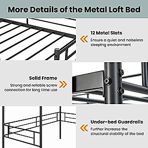 Giantex Metal Loft Bed Twin Size for Juniors & Adults, Loft Bed Frame with Ladder & Safety Guardrail, 61" Under-Bed Space, Space-Saving Twin Bed for Teens, No Box Spring Needed (Black)
