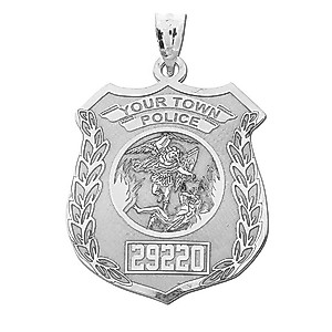 PicturesOnGold.com Solid Sterling Silver Saint Michael Personalized Police Badge with Department & Badge Number - Size 3/4 x 1 Inch
