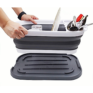 SAMMART 12L (3.17 Gallon) Collapsible Dish Drainer with Tray - Foldable Drying Rack Set - Portable Dinnerware Organizer - Space Saving Kitchen Storage Tray (1, White/Dark Grey)