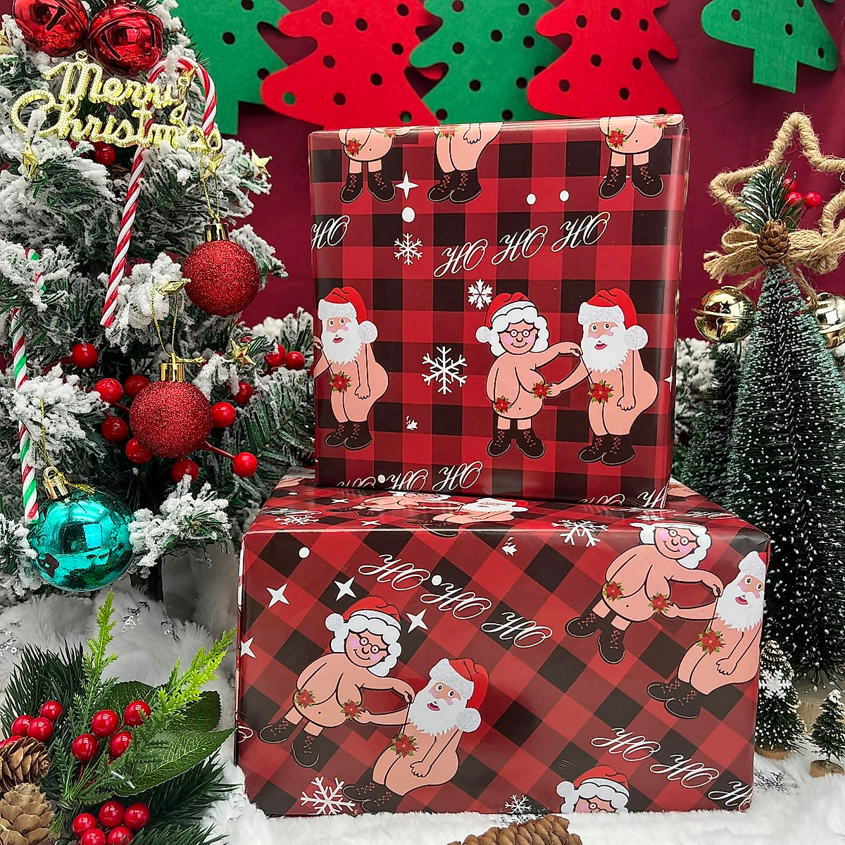 Dtiafu Funny Christmas Wrapping Paper Naughty Santa Gift Wrap Paper Bulk Folded Flat Inappropriate Red Black Plaid Gift Wrapping Paper for Women Men Adult Grandba Grandma Holiday Birthday Baby Shower