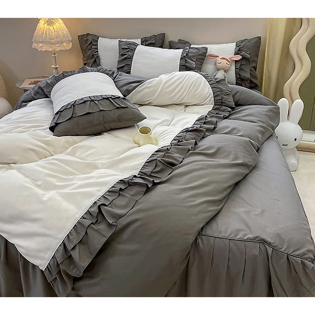 Intertest Duvet Cover Queen,Korean Princess Style Bedding Set,100% Washed Cotton 4 Pieces Solid Duvet Cover Set Lightweight Soft Queen Sheet Set Zipper Closure Breathable（No Comforter