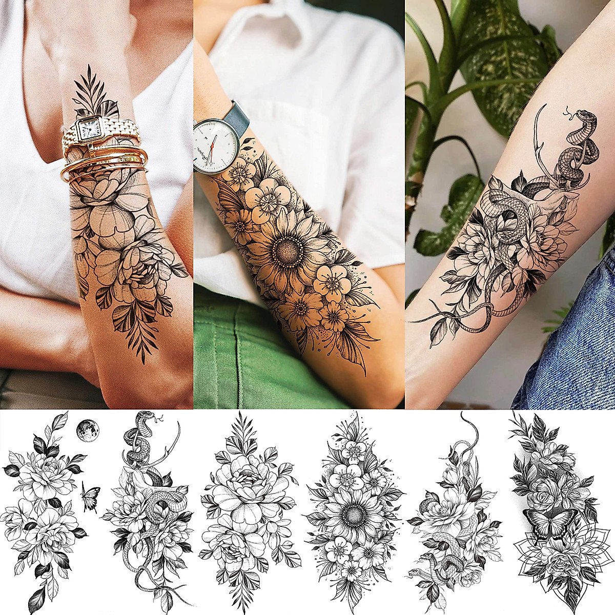 VANTATY 61 Sheets 3D Snake Flower Temporary Tattoos For Women Girls Neck Arm, 12 Sheets Realistic Floral Fake Tattoo Stickers Thigh, Waterproof Temp Transfer Tatoo Adults Rose Sunflower Butterfly