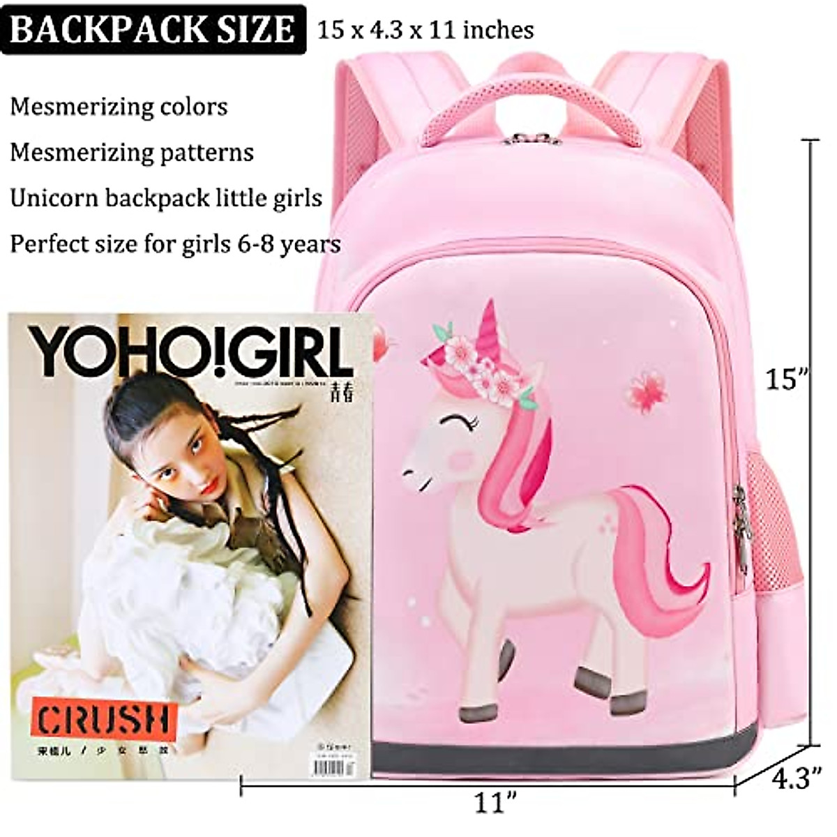 JIANYA Kids Backpack for School Girls Backpack Lunch Box Set Unicorn Preschool Kindergarten Bookbag with Chest Strap