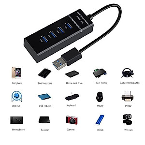 AYECEHI USB Hub 3.0 USB Port Splitter,4 Port High Speed USB Data Hub with LED Indicator for Laptop, PC, Computer, Mobile HDD, Keyboard,Mouse and More - Black