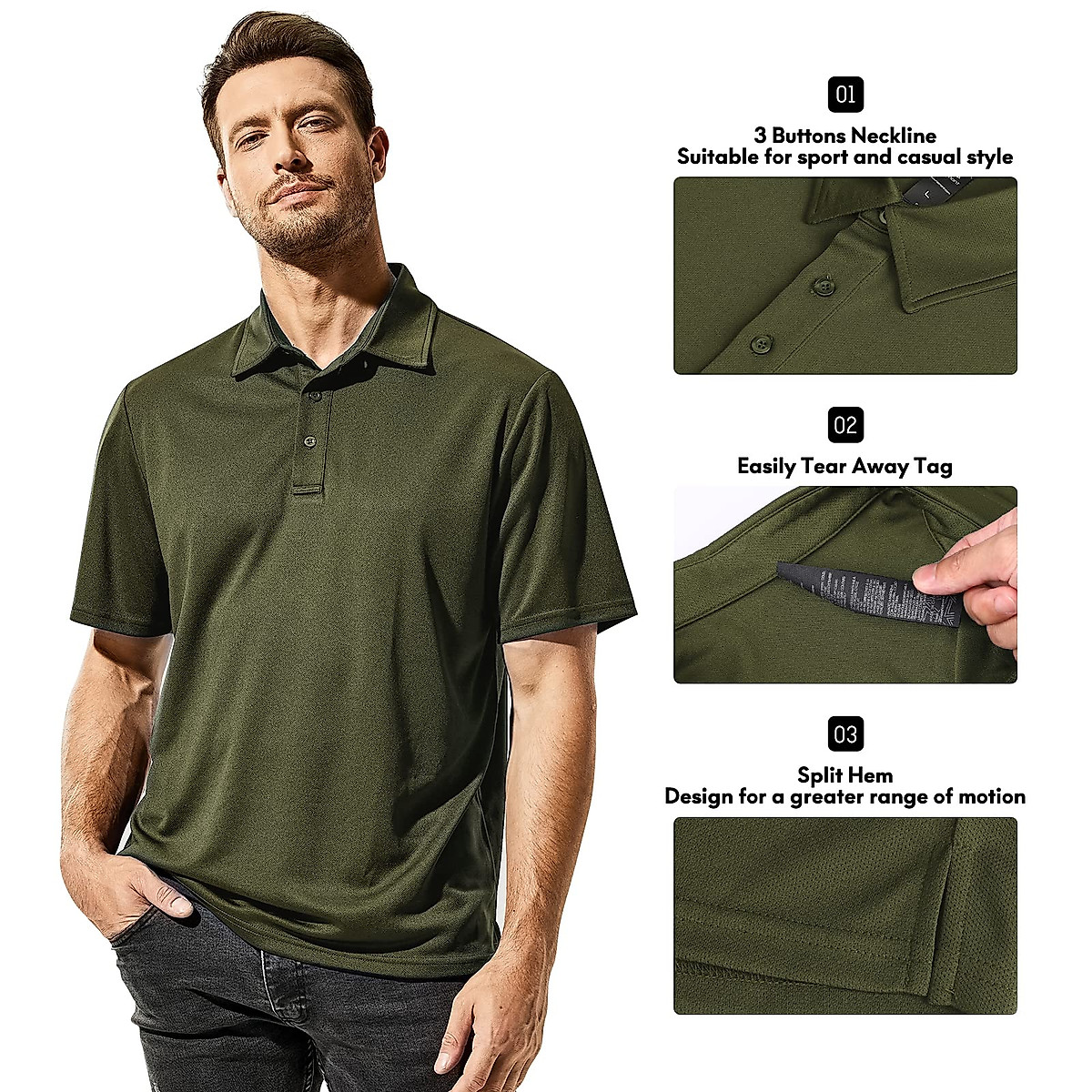 Haimont Polo Shirts for Men Short Sleeve Lightweight Golf Business Casual Polo Shirts, Moisture Wicking, Quick Dry, Army Green, L