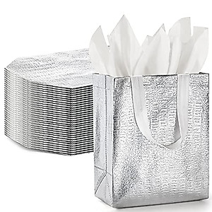 Elsjoy 40 Pack Glossy Reusable Grocery Bags, 10 x 8 Inch Non-woven Tote Shopping Bags with Handle, Silver Shiny Gift Bags Stylish Shopping Bags for Birthday, Wedding, Party, Business