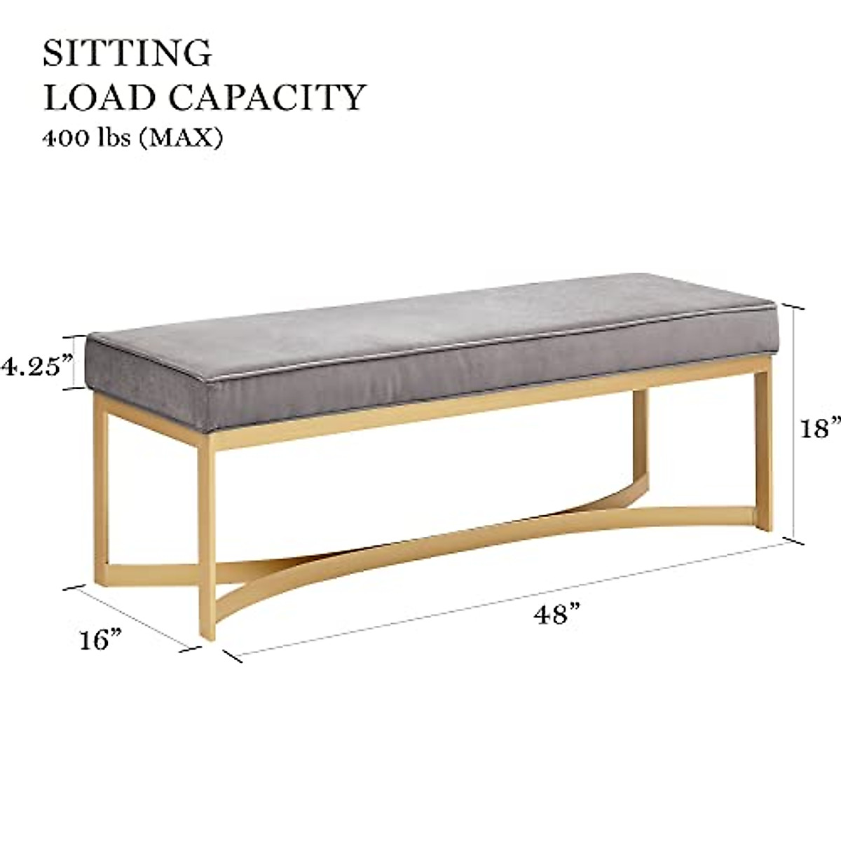Martha Stewart Secor Entryway Accent Bench With Gold Metal Half Moon Base, Cushion Seat, Modern Suede-Like Fabric Sitting Bench, Easy Assembly Bedroom Furniture, 48" W x 16" D x 18" H, Grey