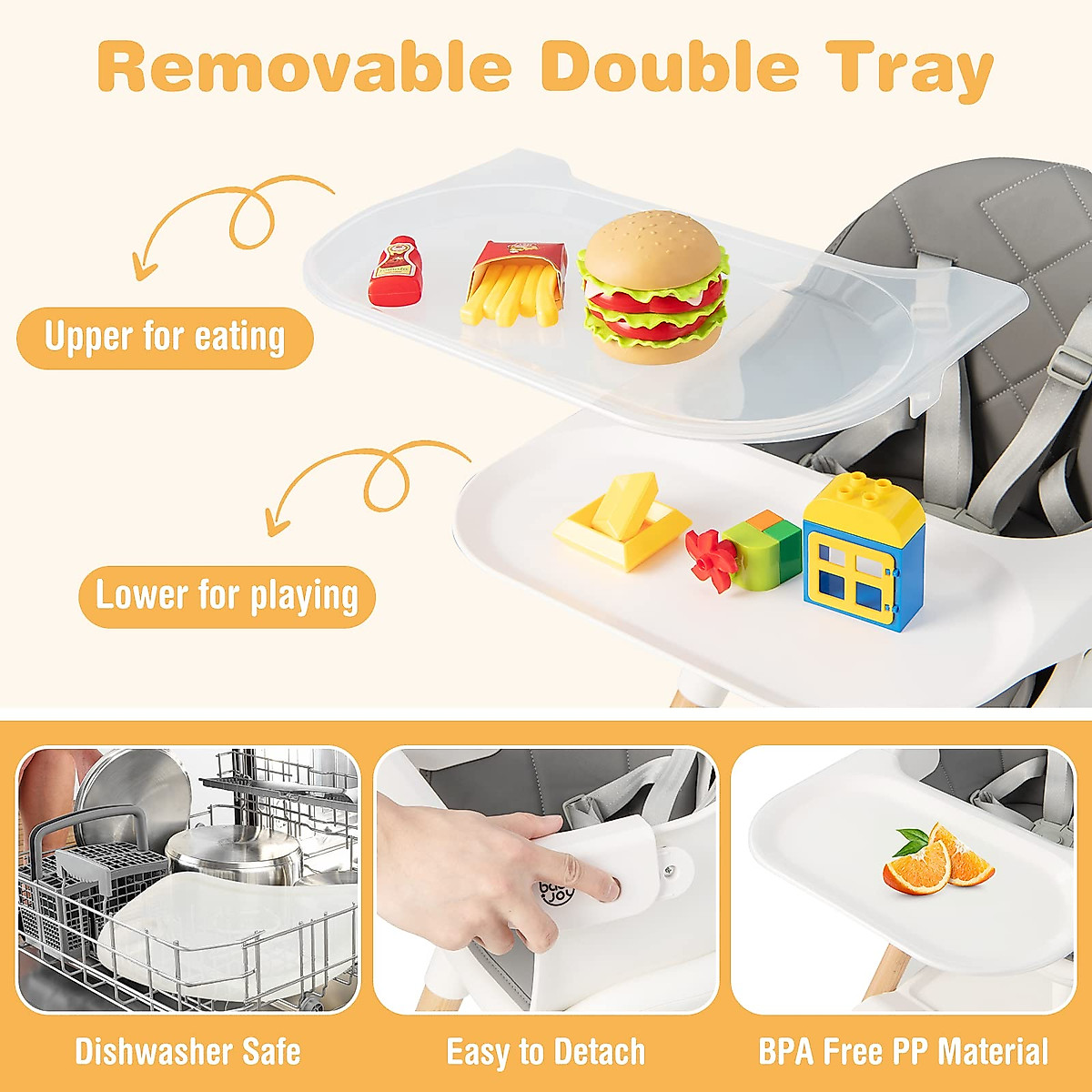 BABY JOY Baby High Chair, 6 in 1 Convertible Wooden High Chair for Babies & Toddlers with Adjustable Legs, Double Removable Tray, Safety Harness & Waterproof PU Cushion (White)