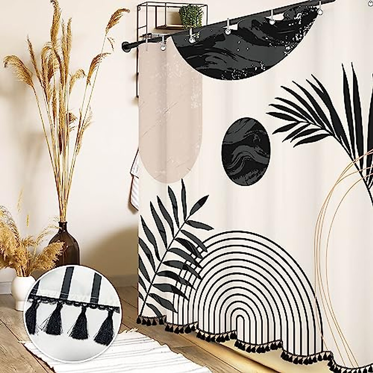 GiuMsi 72"X72" Boho Mid Century Black and White Shower Curtain Sets with Tassel Pendants Arch Sun Modern Minimalistic Leaves Bathroom Curtains Waterproof Durable Ployester 12 Hooks Home Decorations