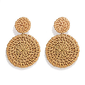 ARATLENCH Rattan Woven Dangling Earrings Handmade Straw Dangle Drop Earrings Boho Summer Beach Statement Circle Ball Hoop Earrings for Women (rattan disc)