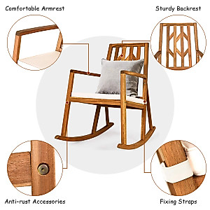 RELAX4LIFE Wooden Rocking Chair Outdoor - Oversized Patio Rocker w/High Backrest, Long Armrest, Removable Soft Cushion, Porch Rocking Chair for Backyard, Garden, Patio Rocking Chair (1, White)