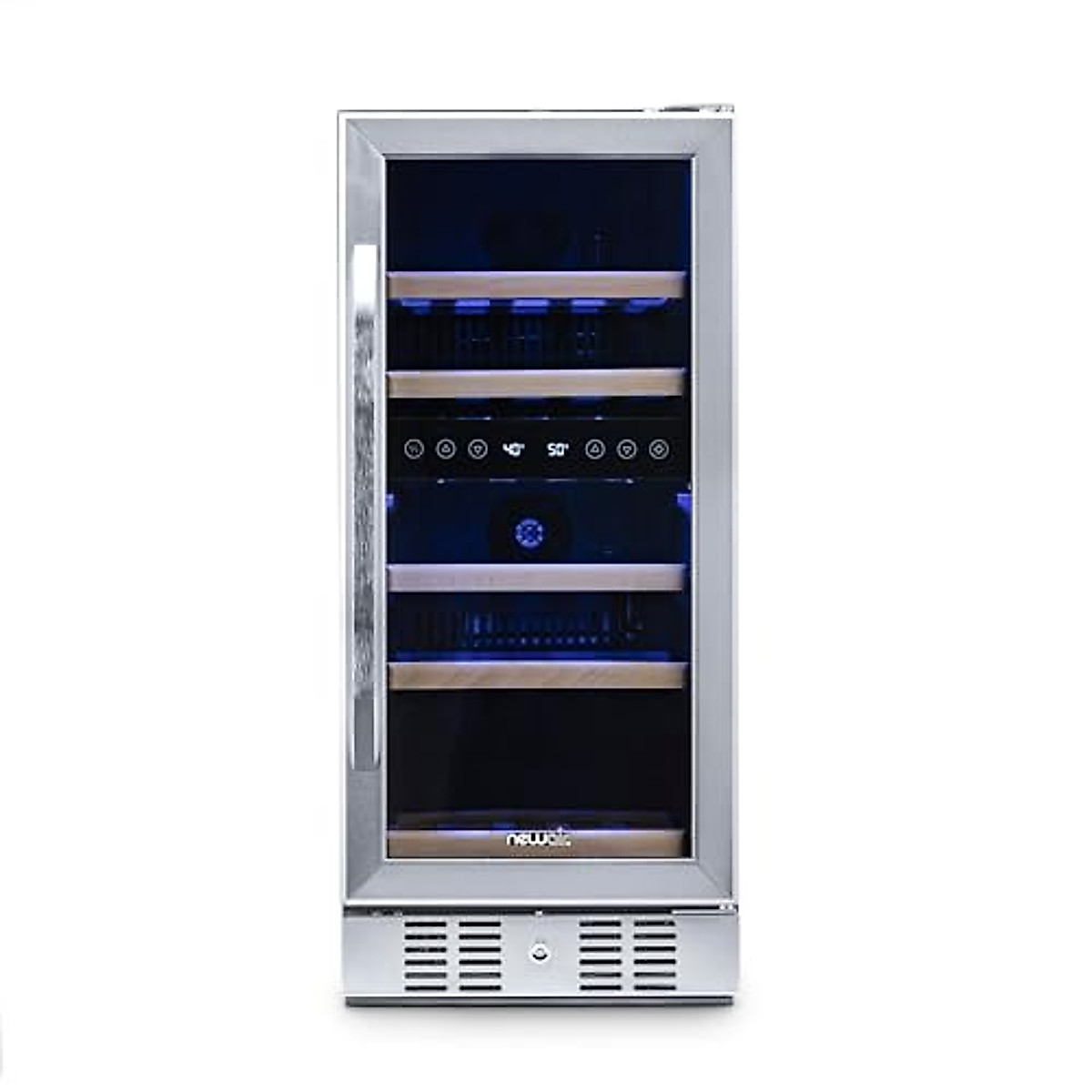 NewAir 15" Built-in or Freestanding 29 Bottle Dual Temperature Zone Wine Fridge, Quiet Operation Wine Cooler with Beech Wood Shelves, Stainless Steel Wine Cellar for Red, White, and Sparkling Wine