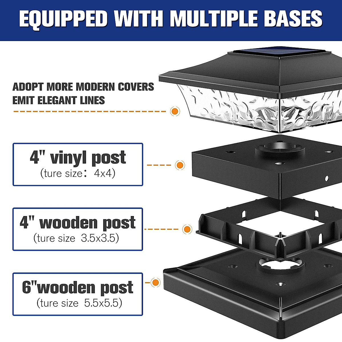 VOLISUN Solar Post Cap Lights Outdoor 4x4/6x6 Wooden/Vinyl Fence Post Cap Lights Solar Deck Post Lights Patio Garden,Warm White 2 Lighting Modes Waterproof,ABS Shell Lens Black (6 Pack)