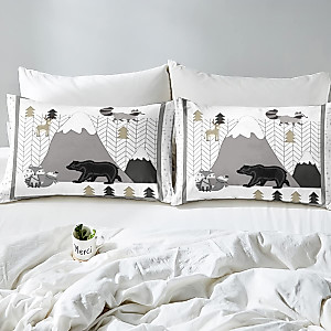 Cute Animals Sheet Set Kids Boys Girls Cartoon Fox Bear Fitted Sheets Set Full Size Mountains and Trees Bedding Sheet Sets Includes 1 Flat Sheet,1 Fitted Sheet,2 Pillowcases