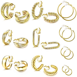 SAILIMUE 10 Pairs Gold Clip On Hoop Earring For Women 14K Gold Plated Chunky Clip Earrings No Piercing Earrings Set