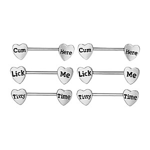 14G Stainless Steel Nipple Rings Silver Heart Shaped Cum Here Lick Me Letter Straight Barbell Bars Tongue Ring 16mm(5/8 Inch) Body Piercing Jewelry