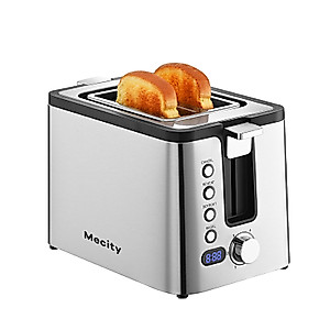Mecity Toaster 2 Slice Stainless Steel Toaster Countdown Timer, Bagel/Defrost/Reheat/Cancel Functions,Warming Rack, Removable Tray, 6 Browning Settings, Extra Wide Slots, Bread Toaster, 800W