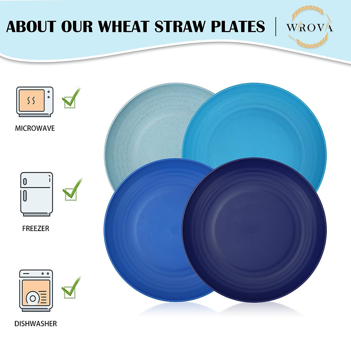 Wheat Straw Salad Plates - 9 Inch Unbreakable Dinner Plates Set of 8 - Dishwasher & Microwave Safe Plastic Plates Reusable - Lightweight Plates for kitchen,camping (Ocean)