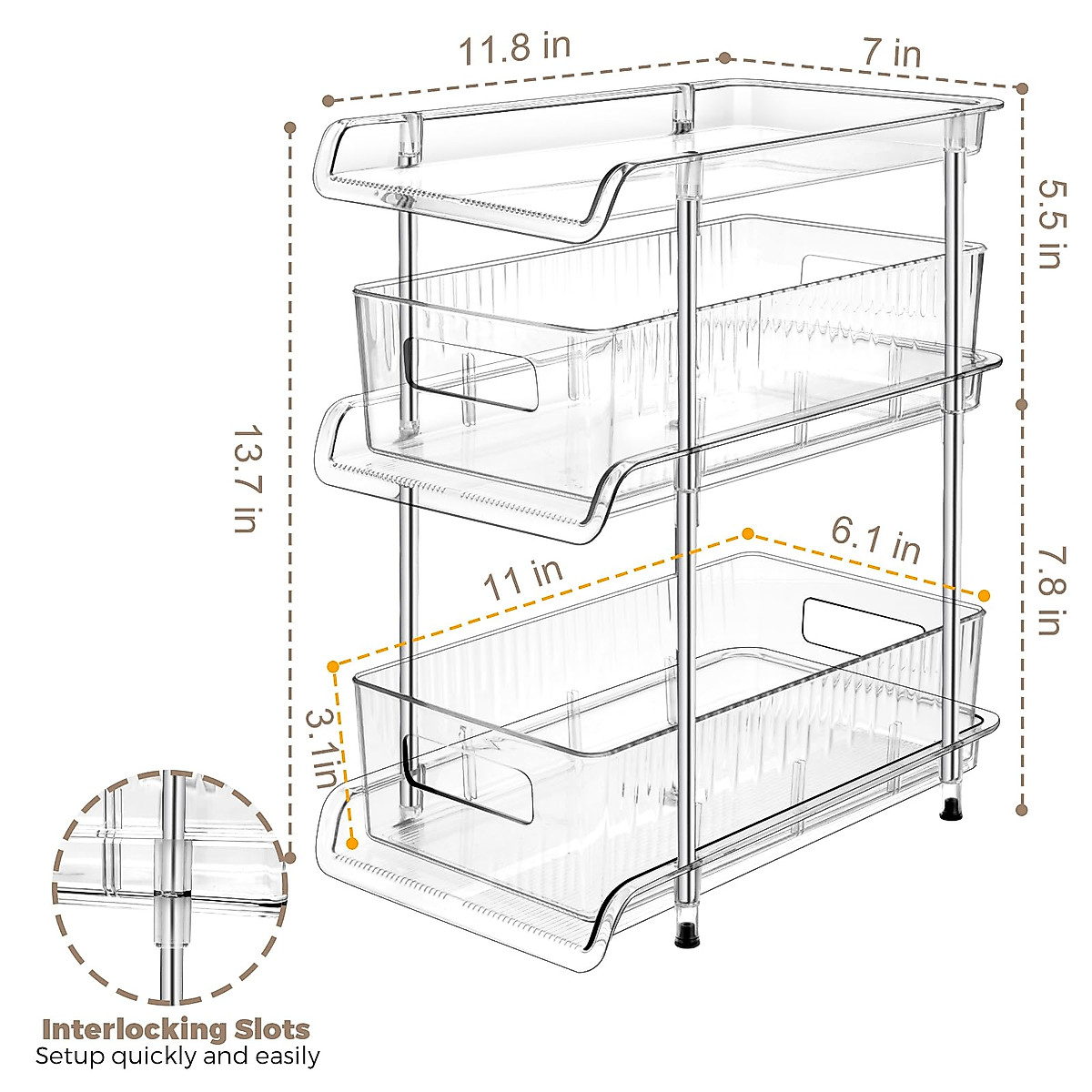 XINYA BAO 3 Tier Clear Bathroom Organizer, With Dividers, Multi-Purpose Pull-Out Pantry Organization and Storage, Under Sink Closet Organizers and Storage, Skincare Cosmetic Organizer Medicine Bins