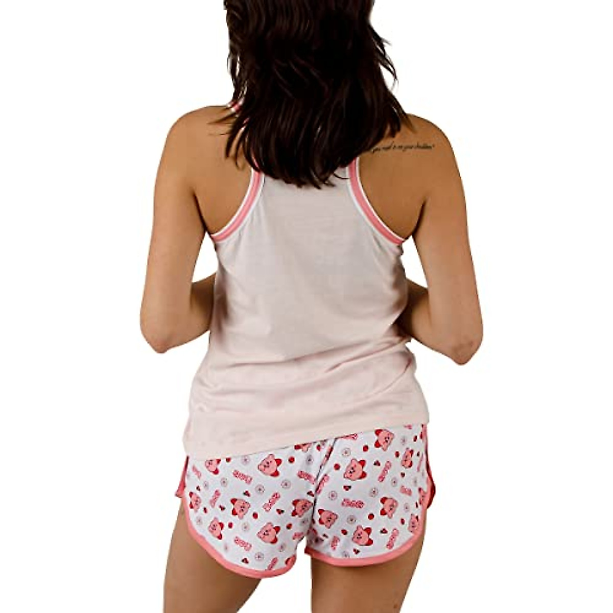 Bioworld Kirby Daisies & Kanji Logo Women's Racer Back Tank Top & Dolphin Lounge Shorts Sleepwear Set-XL Pink