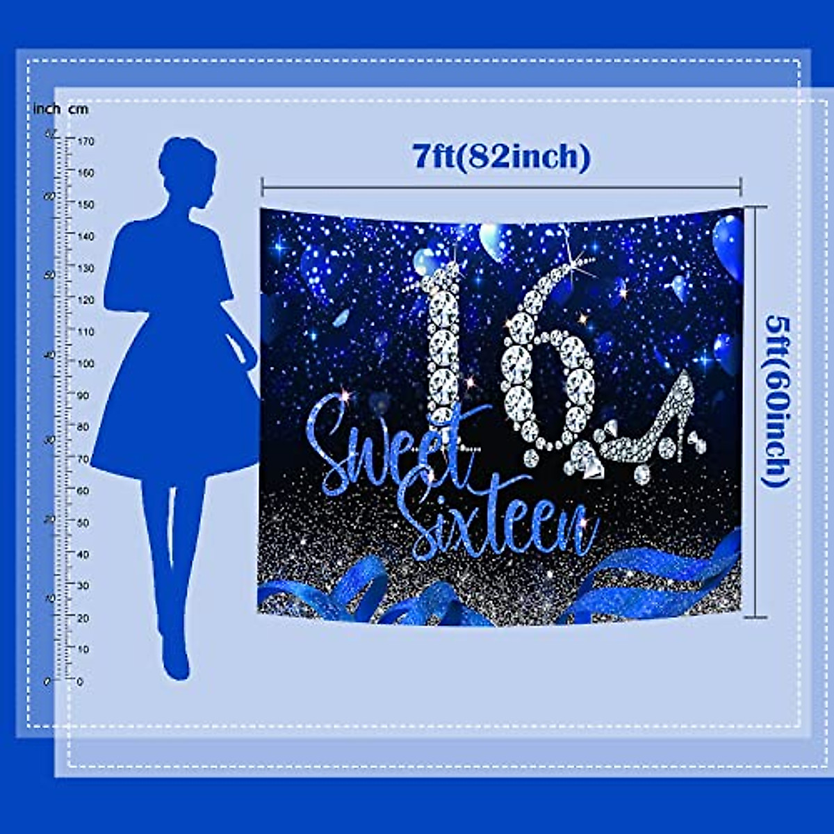 Mocsicka Sweet 16 Birthday Backdrop for Girls Blue and Silver Swwet Sixteen Decoration Happy 16th Birthday Banner Glitter Diamonds Background 16 Birthday Party Supplies (7x5ft (82x60 inch))