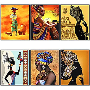 Outus 6 Pieces African Wall Art Painting Ethnic Ancient Retro Canvas Picture Black Woman Ethnic Ancient Theme Diamond Girl for Home Bedroom Bathroom Wall Decor, Unframed